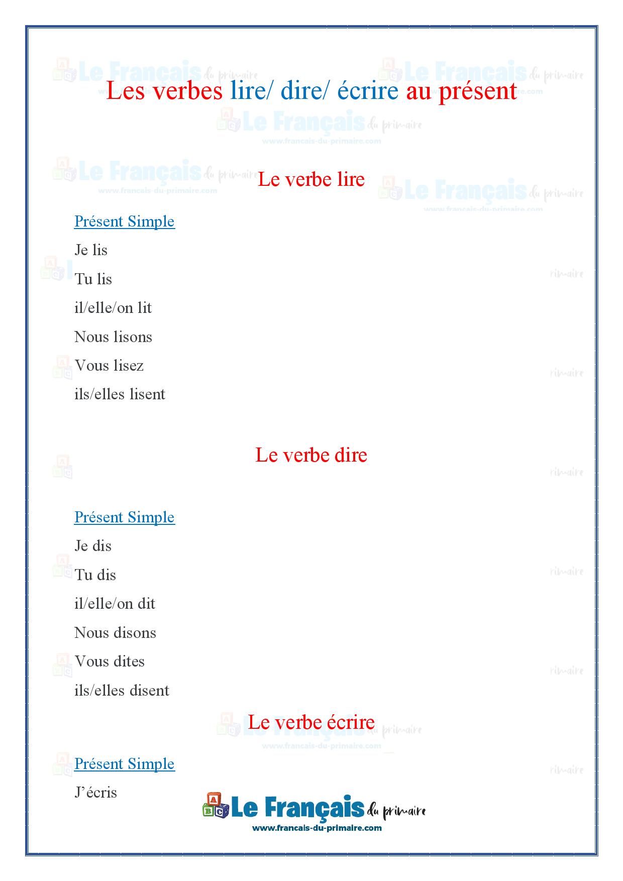 Les verbes lire /dire/écrire au présent | Le français du primaire