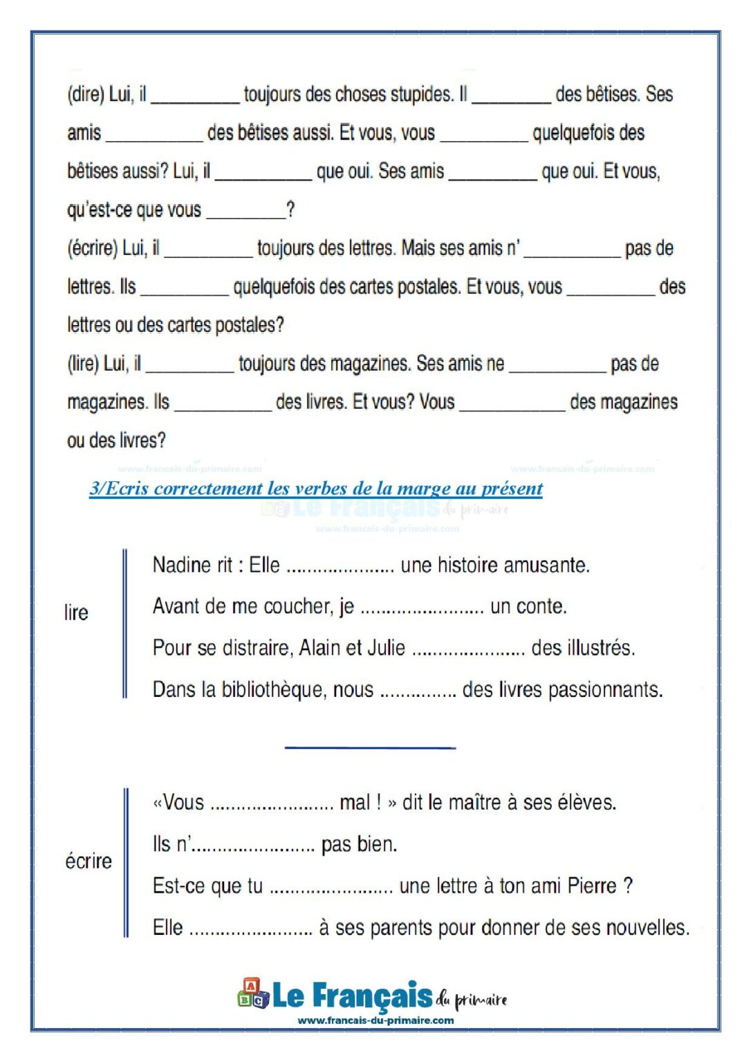 Les verbes lire /dire/écrire au présent | Le français du primaire