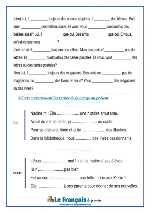 Les verbes lire /dire/écrire au présent | Le français du primaire