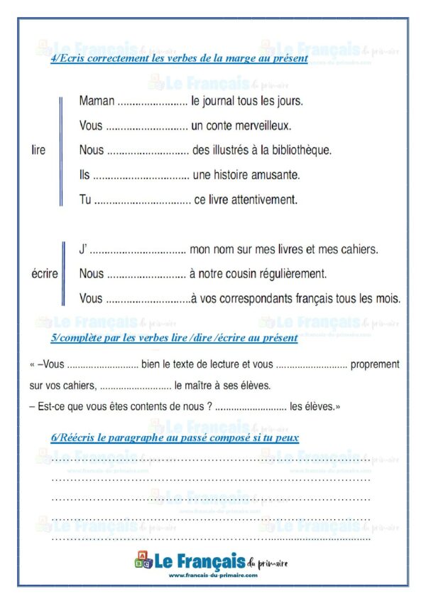 Les verbes lire /dire/écrire au présent | Le français du primaire