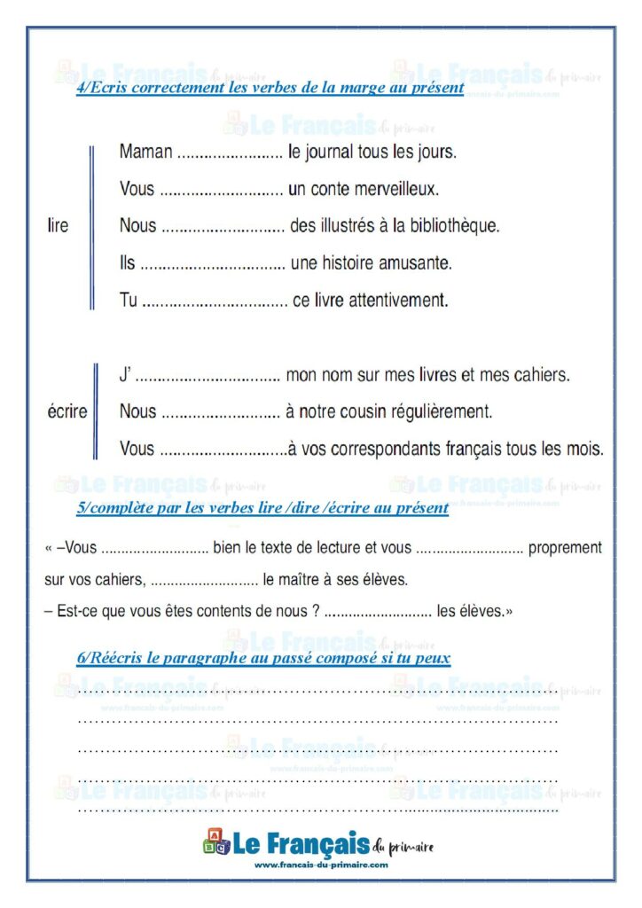 Les verbes lire /dire/écrire au présent | Le français du primaire