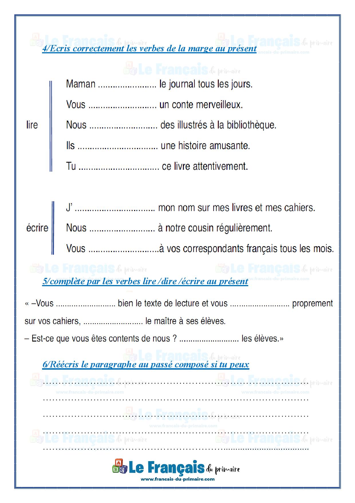 Les verbes lire /dire/écrire au présent | Le français du primaire