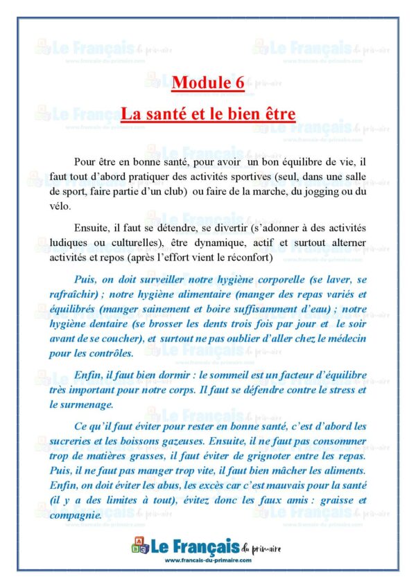 Santé et bien être/6eme année module 6 | Le français du primaire