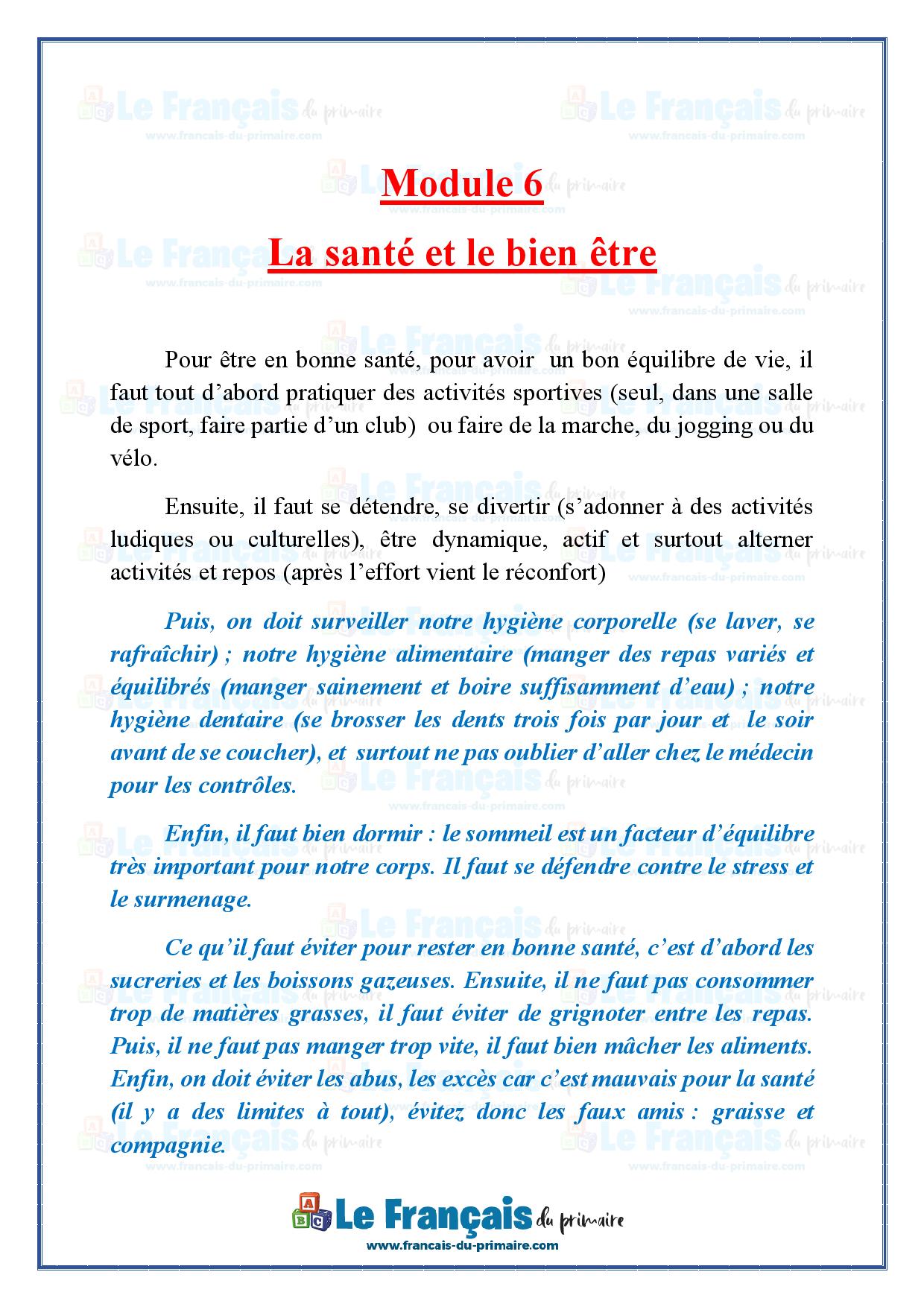 Santé et bien être/6eme année module 6 | Le français du primaire
