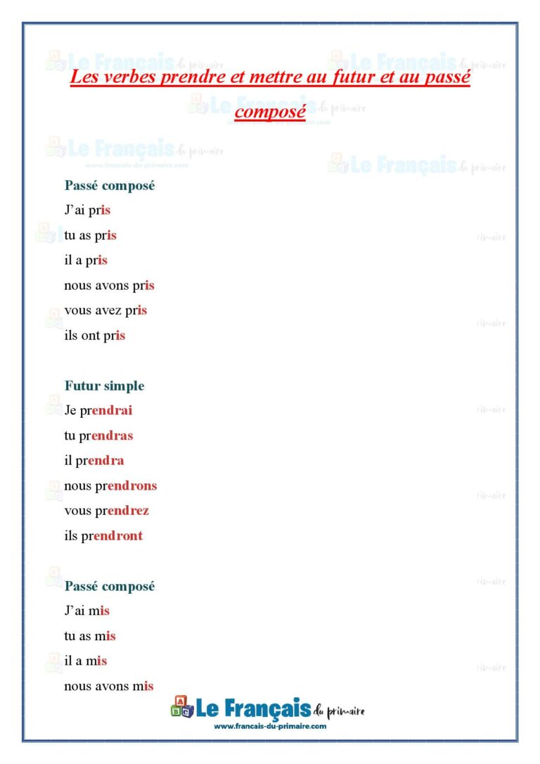 Les verbes prendre et mettre au futur et au passé composé - Le français ...
