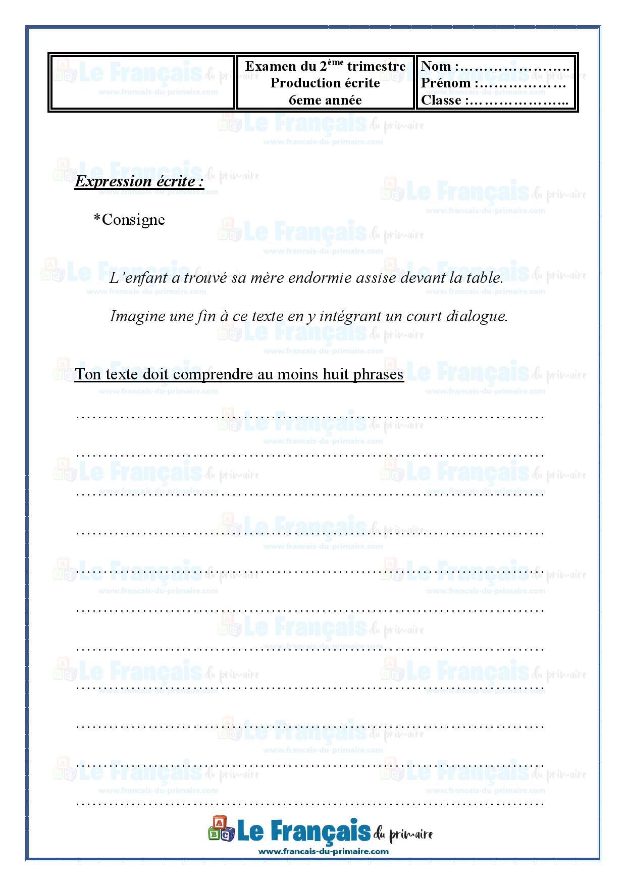 Examen production écrite N2 6ème année /2eme trimestre | Le français du ...