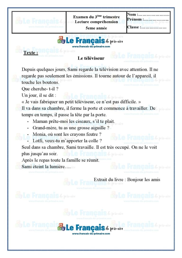 Examen lecture compréhension N3 /5ème année/3ème trimestre | Le ...