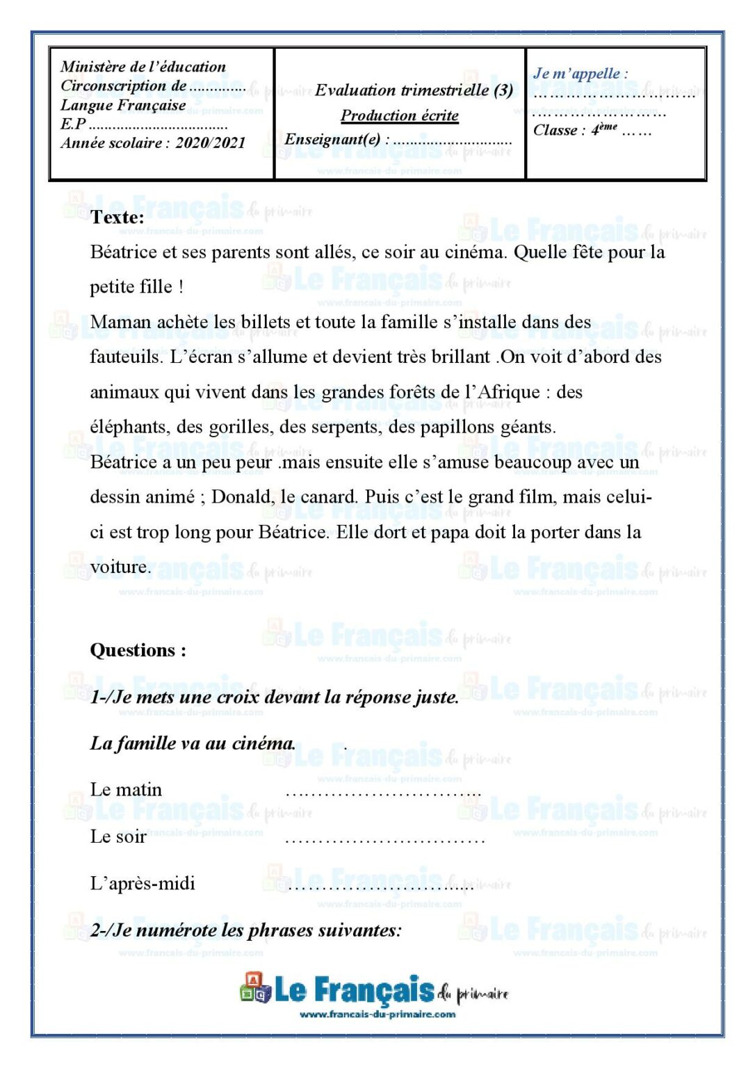 Examen lecture compréhension 4ème année /3ème trimestre | Le français ...