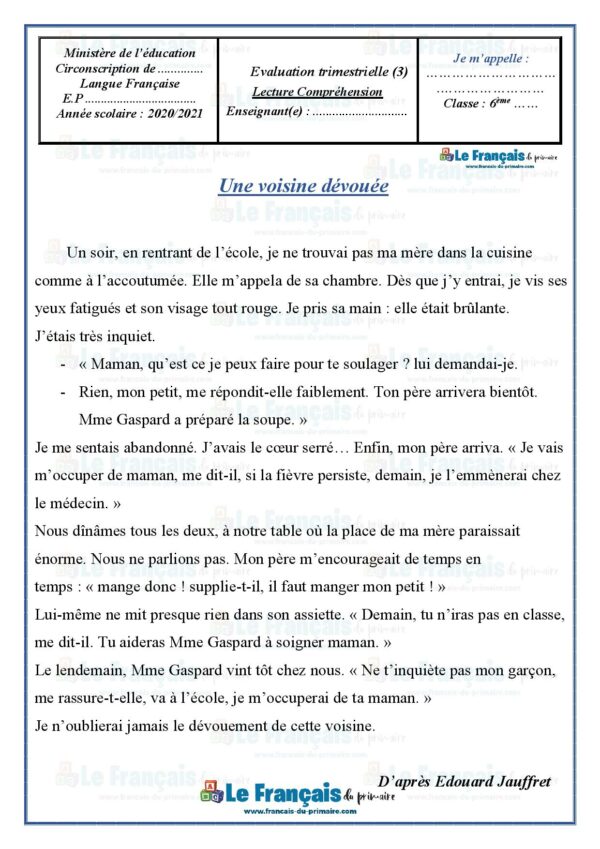 Examen lecture compréhension N 2 /6ème année /3ème trimestre | Le ...