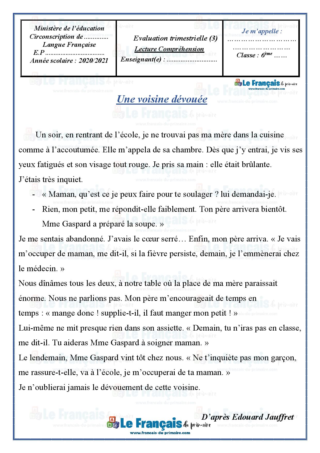 Examen lecture compréhension N 2 /6ème année /3ème trimestre | Le ...