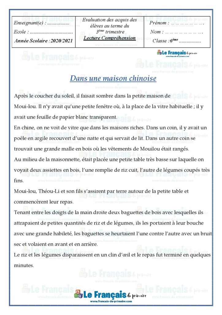Examen lecture compréhension N4/6ème année /3ème trimestre | Le ...