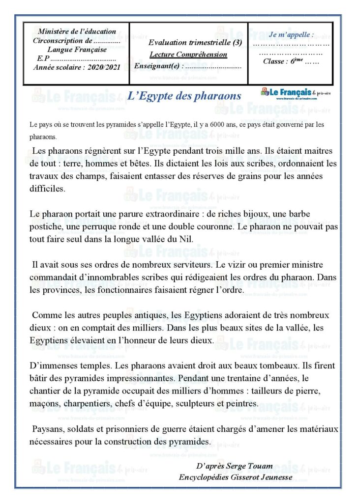 Examen lecture compréhension 6eme année N3 /3eme trimestre | Le ...