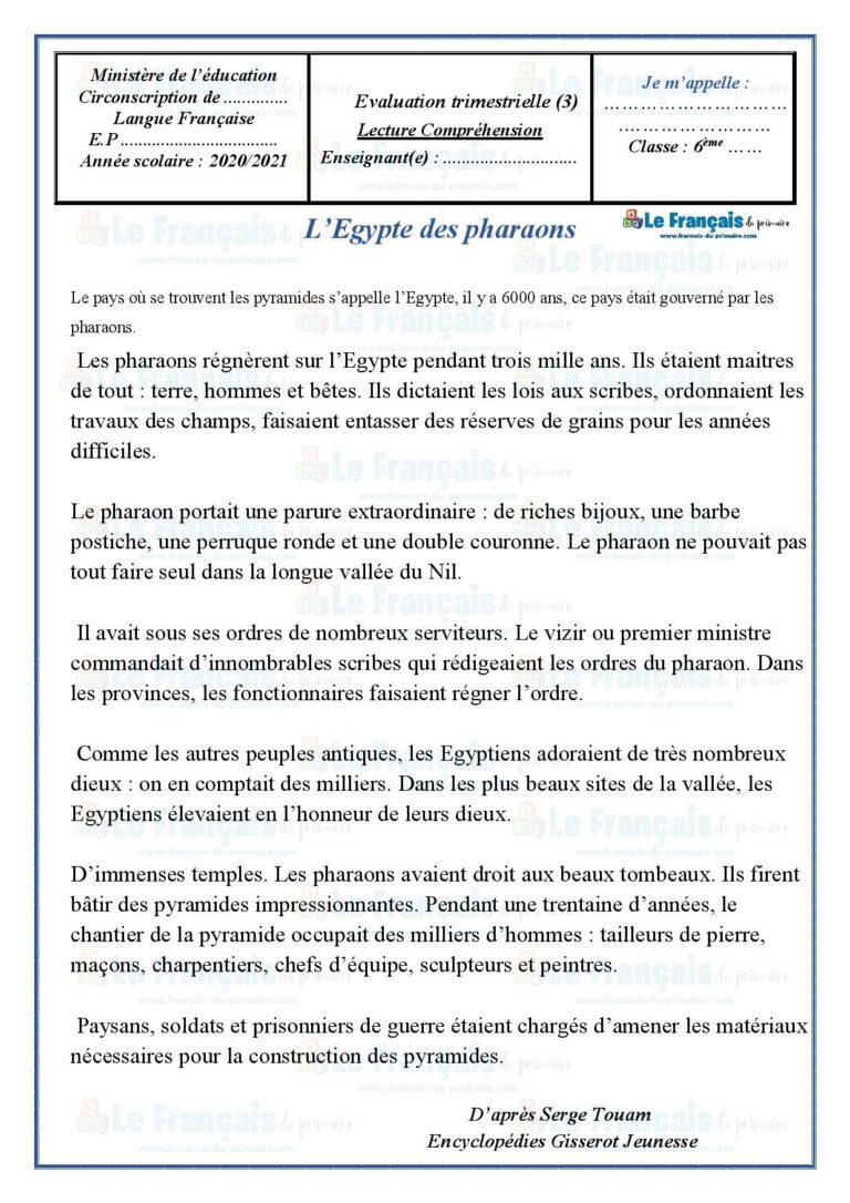 Examen lecture compréhension 6eme année N3 /3eme trimestre | Le ...