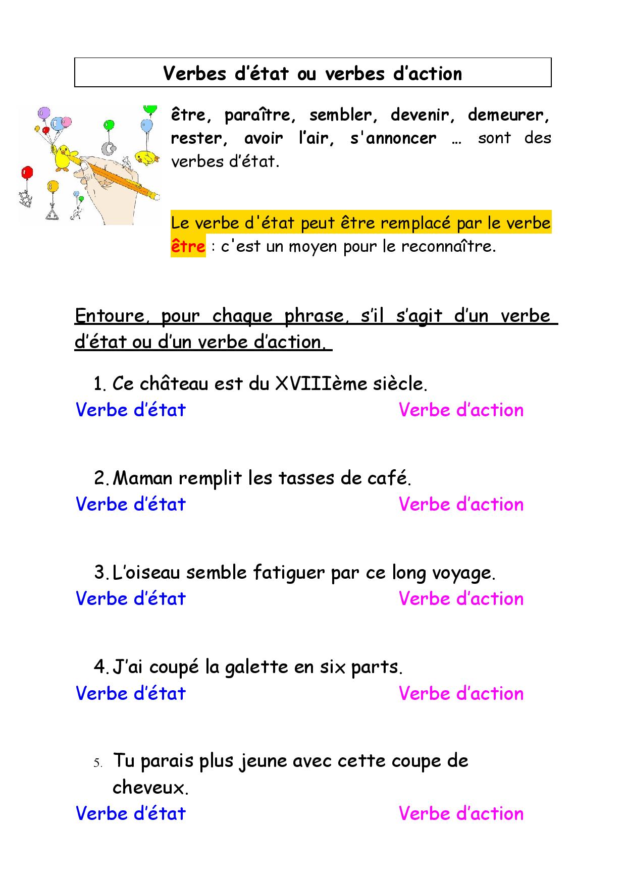 Verbes d’état ou verbes d'action - Le français du primaire