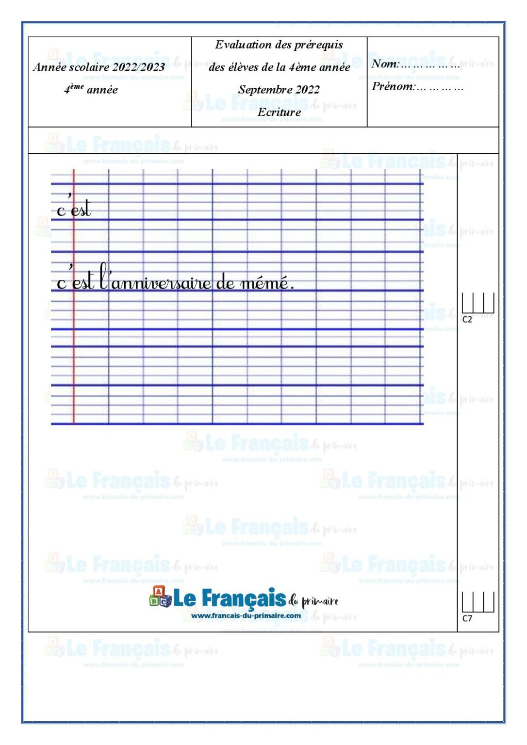 Évaluation de l’écriture /4ème année/prérequis | Le français du primaire