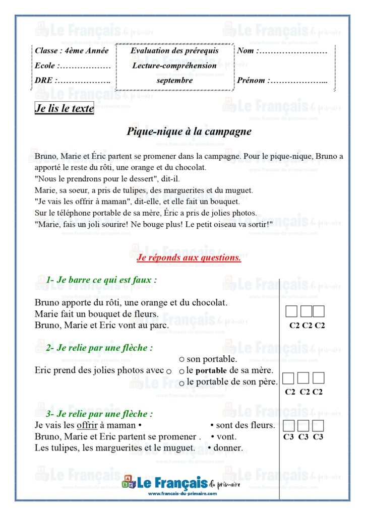 Évaluation de la Lecture compréhension /4ème année /Prérequis | Le ...