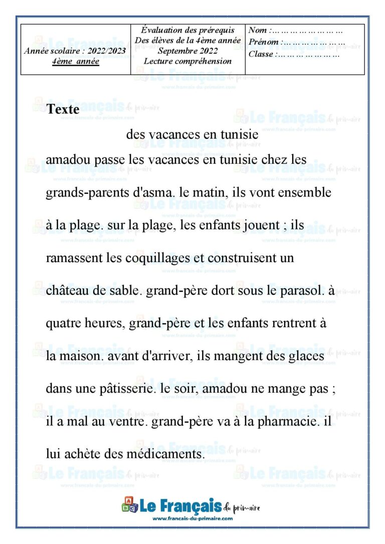 Évaluation de la lecture compréhension /4ème année/prérequis | Le ...