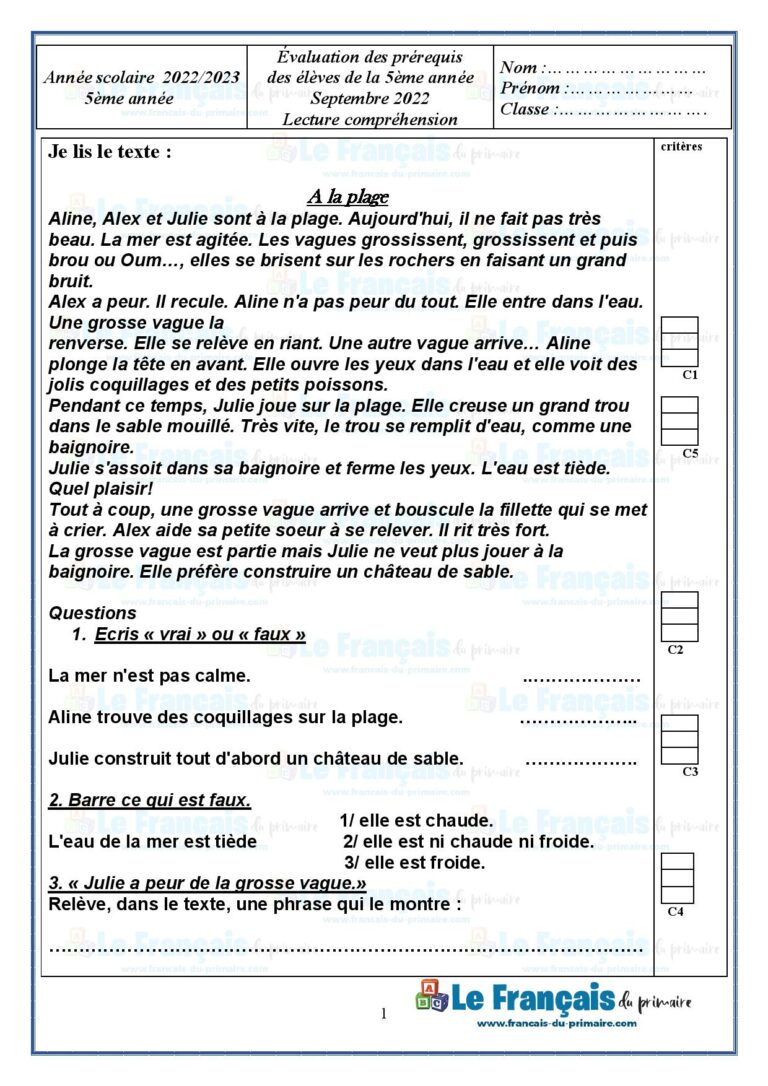 Évaluation de la lecture compréhension /5ème année/prérequis | Le ...