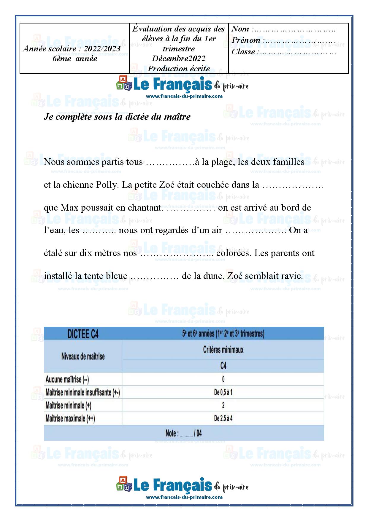 Examen de dictée 6ème année premier trimestre | Le français du primaire