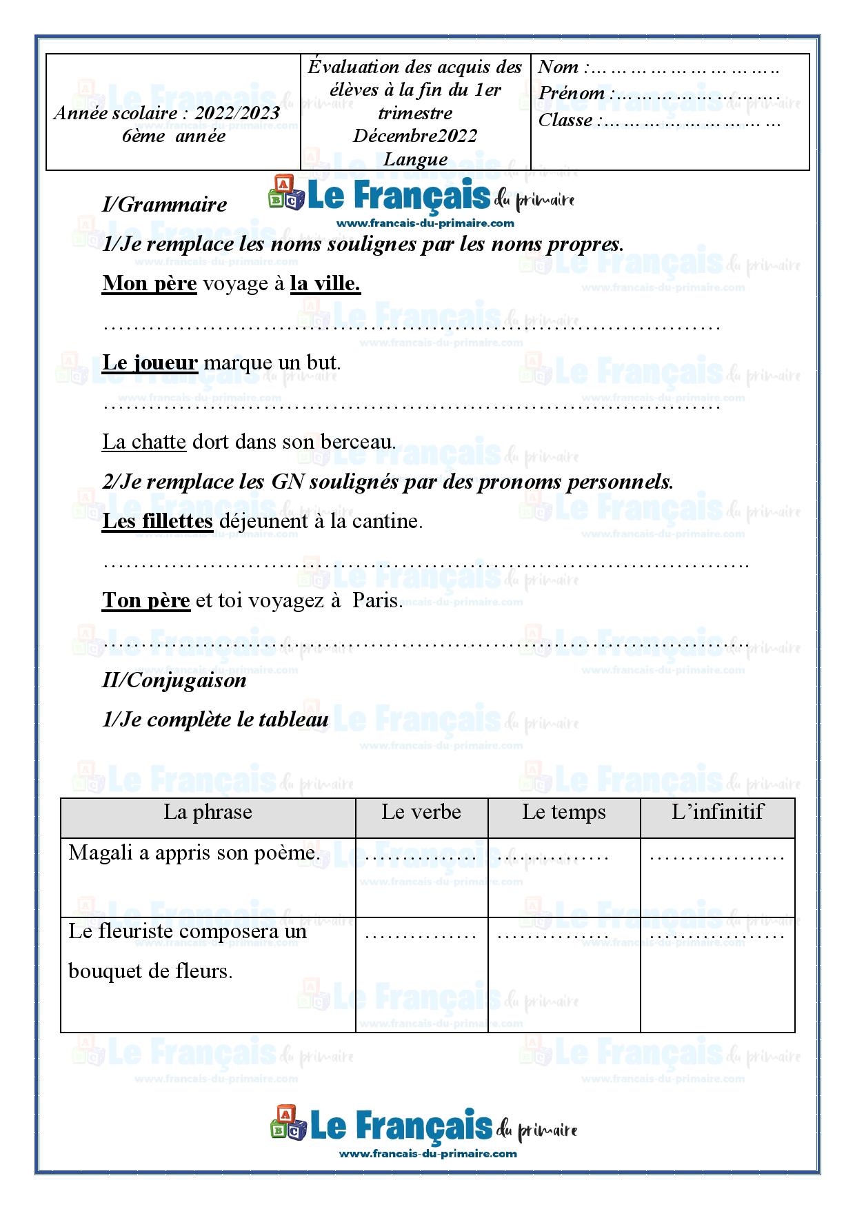 Examen langue 6ème année premier trimestre | Le français du primaire