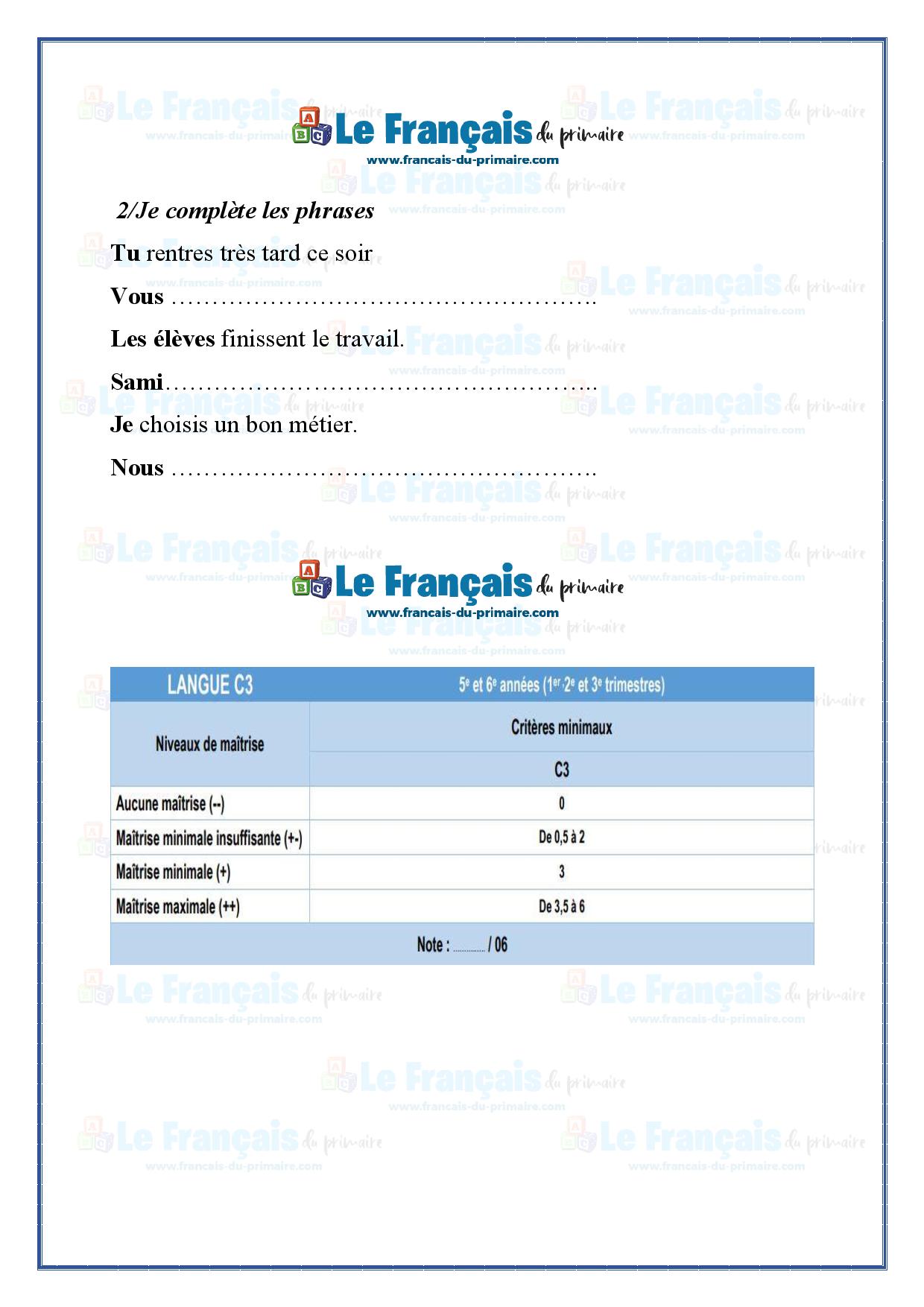 Examen langue 6ème année premier trimestre | Le français du primaire