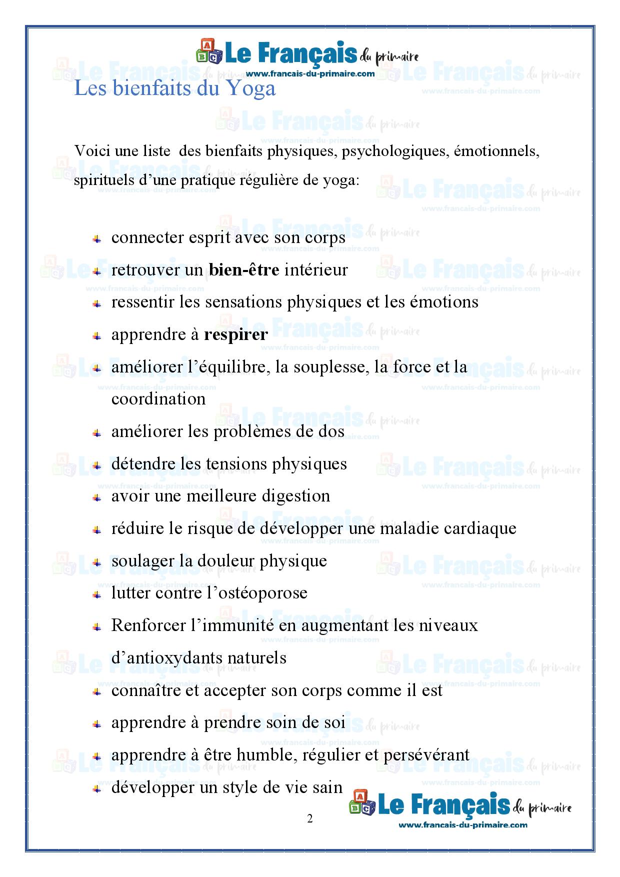 Le yoga (5ème année) | Le français du primaire