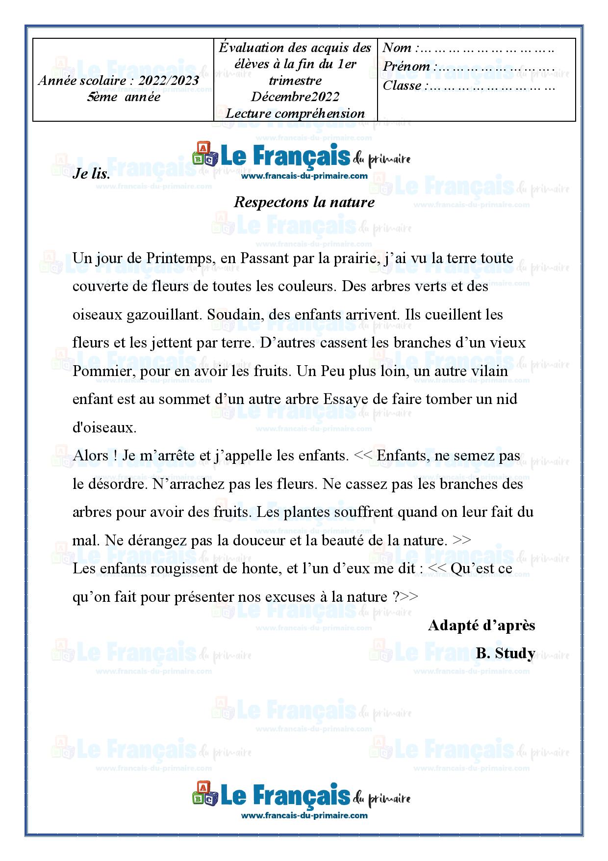 Examen lecture compréhension 5ème année premier trimestre (exemple 2 ...