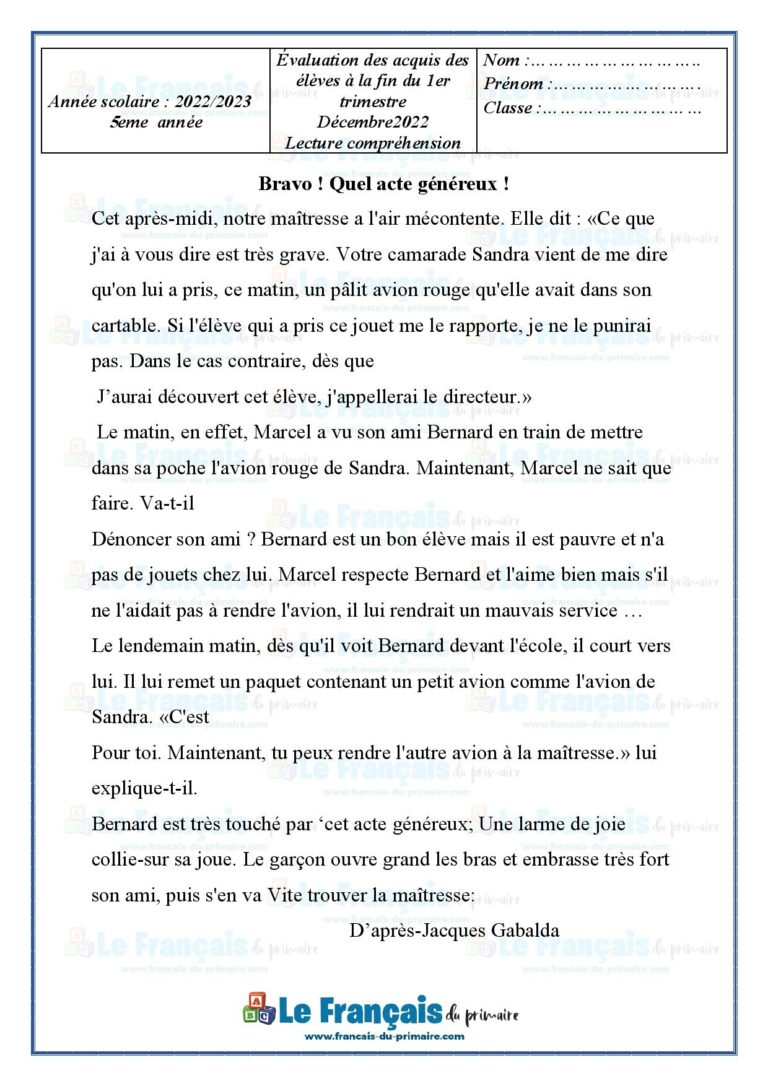 Examen lecture compréhension 5ème année premier trimestre (exemple 1 ...
