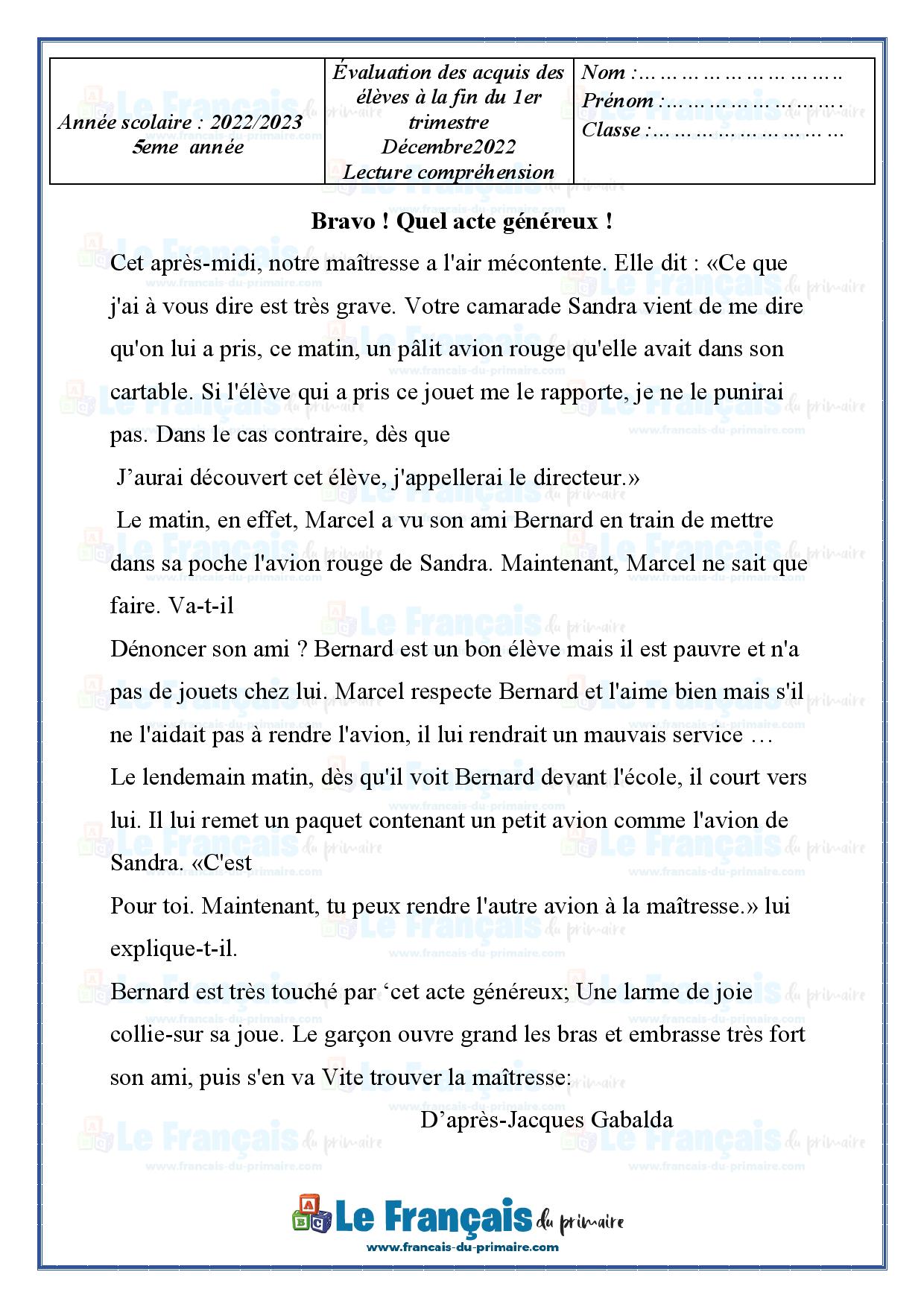 Examen lecture compréhension 6ème année premier trimestre (exemple 2 ...