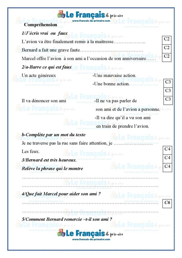 Examen lecture compréhension 6ème année premier trimestre (exemple 2 ...