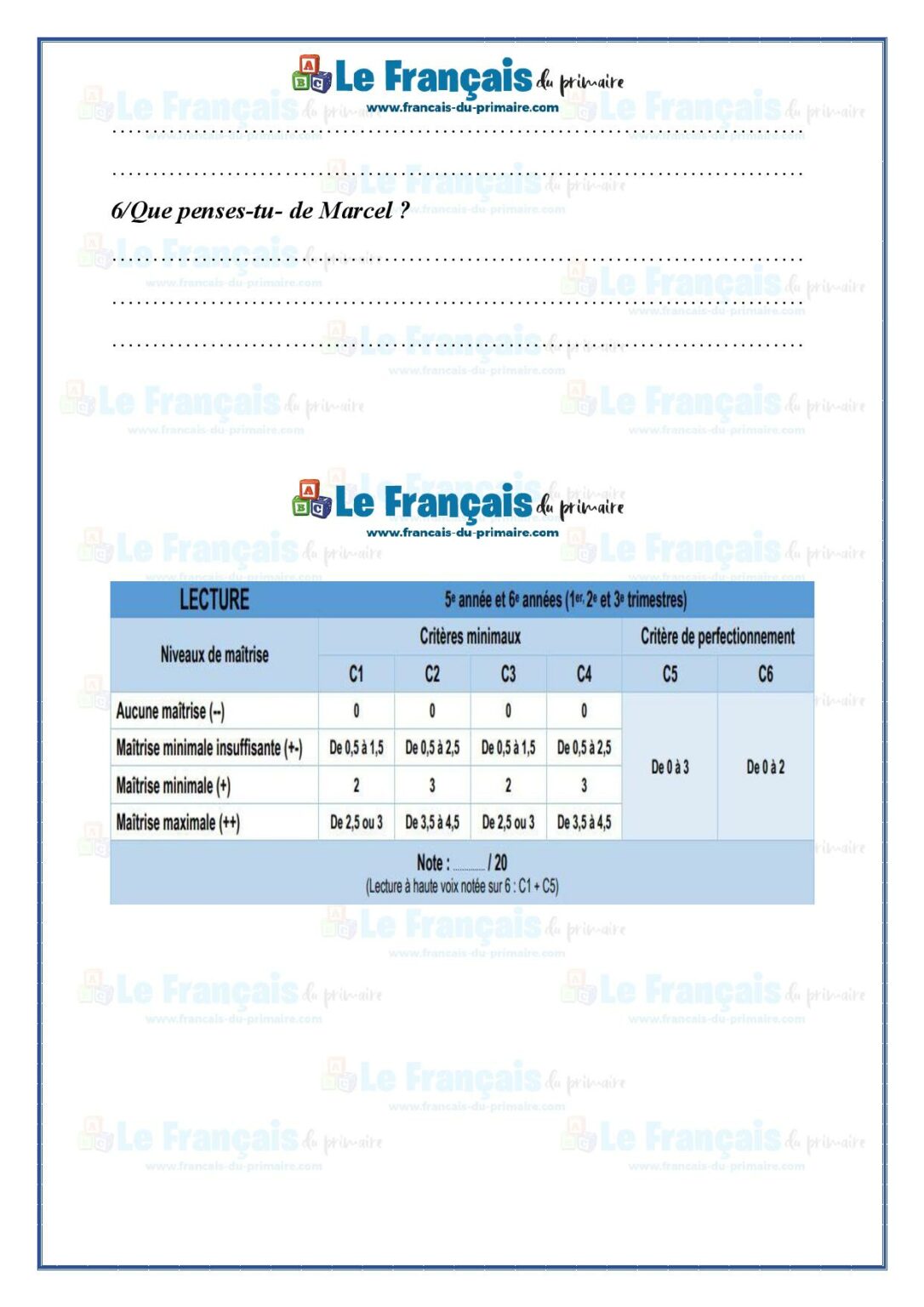 Examen lecture compréhension 6ème année premier trimestre (exemple 2 ...