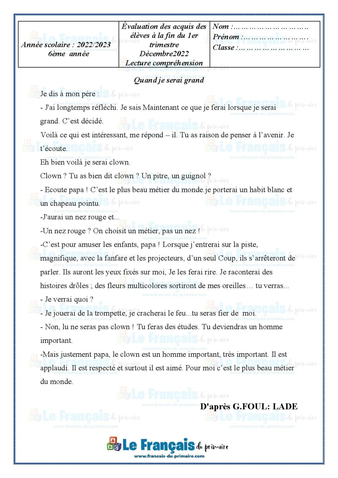 Examen lecture compréhension 6ème année premier trimestre (exemple1 ...