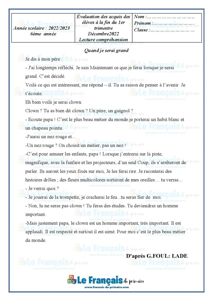 Examen lecture compréhension 6ème année premier trimestre (exemple1 ...