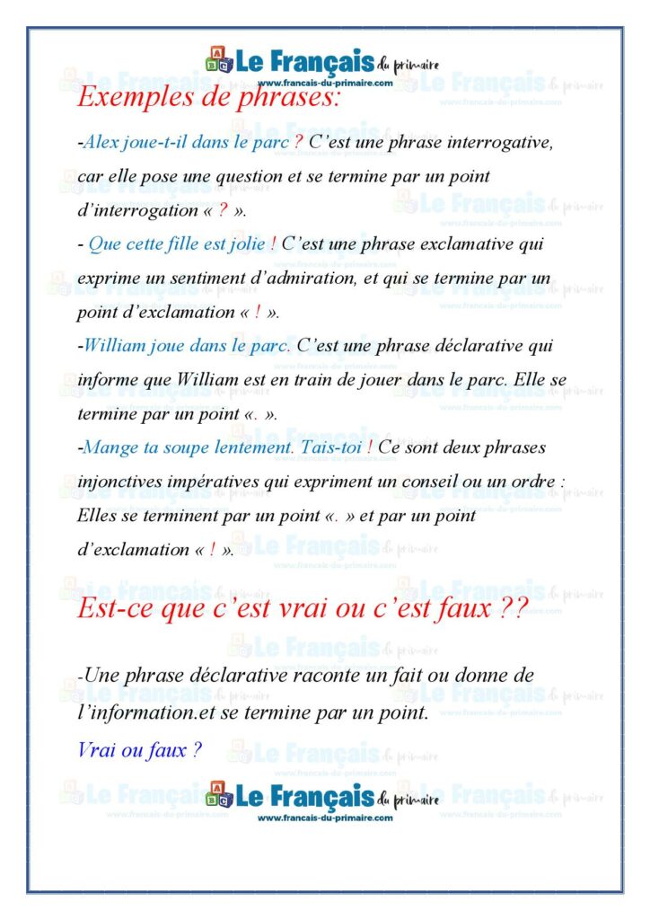 Les différents types de phrases | Le français du primaire