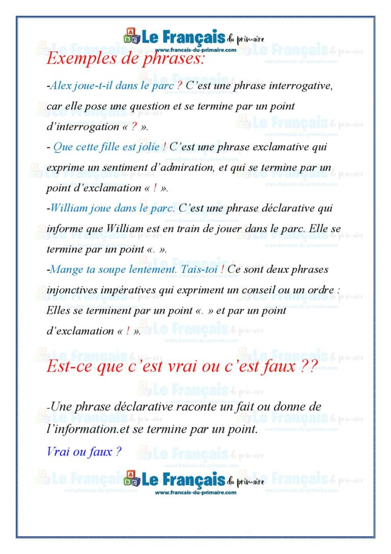 Les différents types de phrases | Le français du primaire