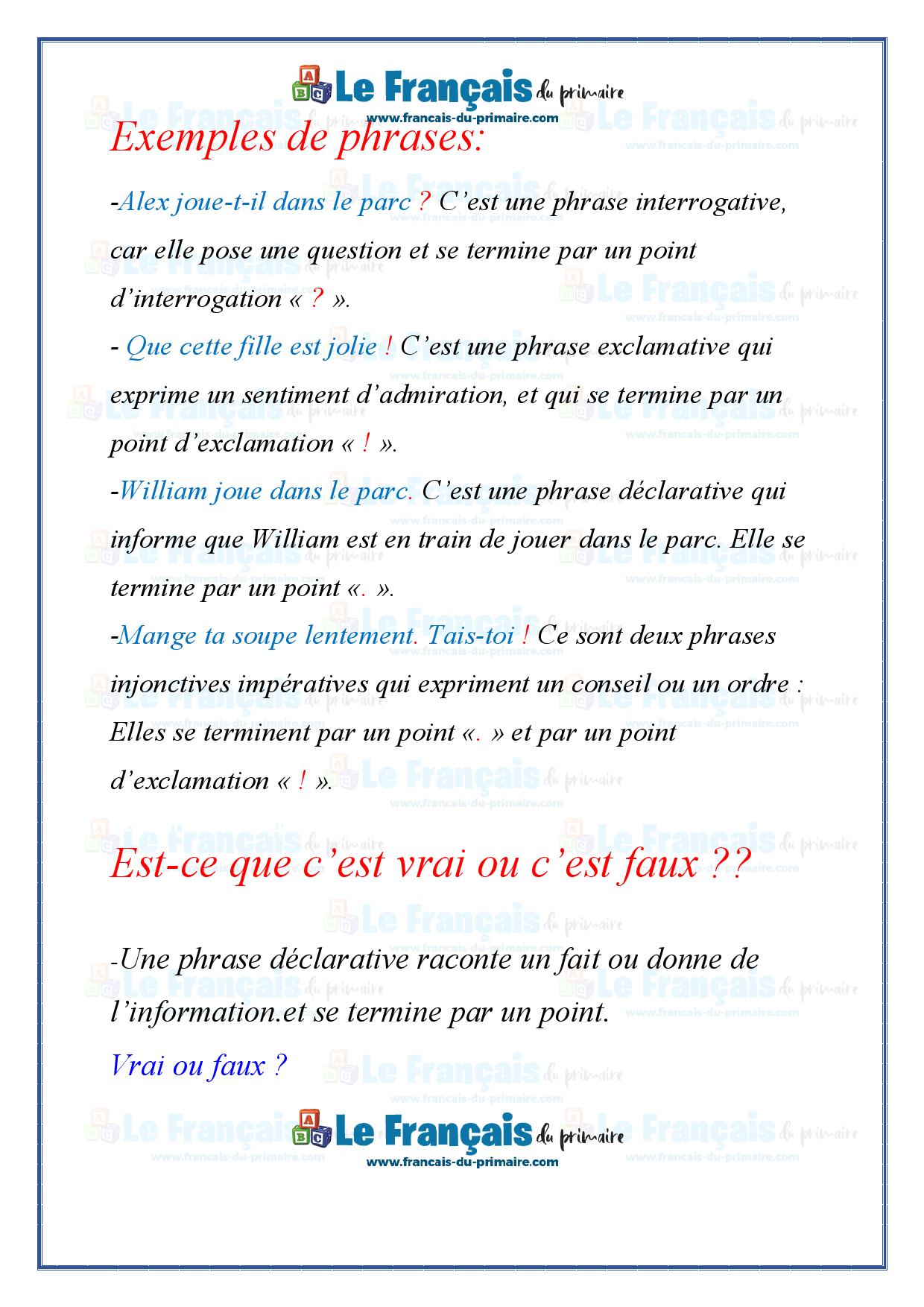 Les différents types de phrases | Le français du primaire Les différents types de phrases | Le français du primaire