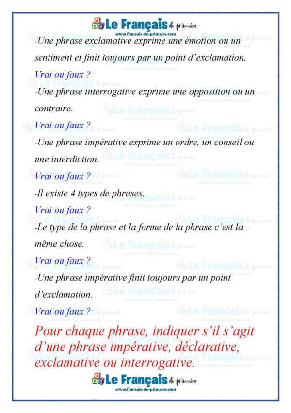 Les différents types de phrases | Le français du primaire