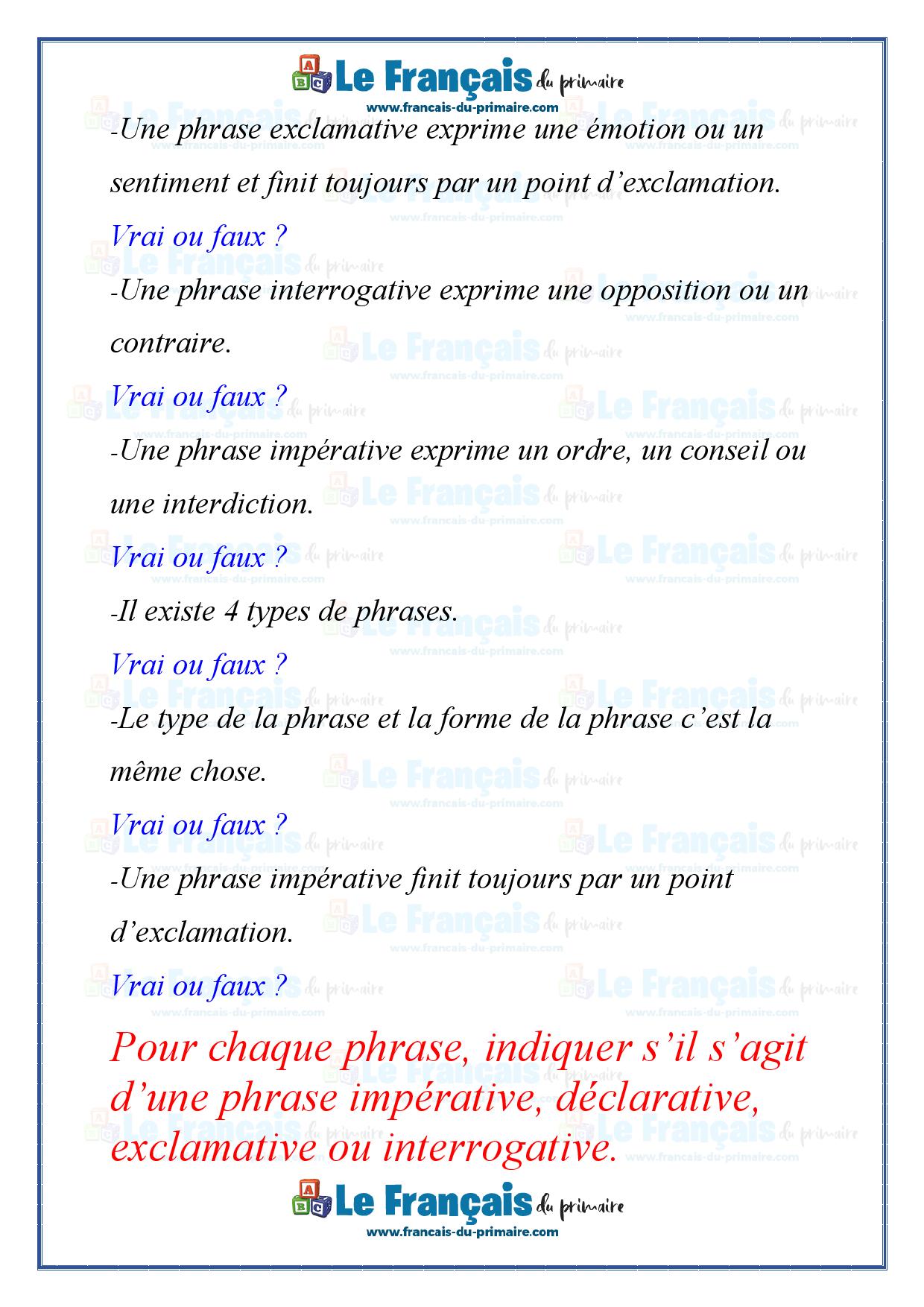 Les différents types de phrases | Le français du primaire