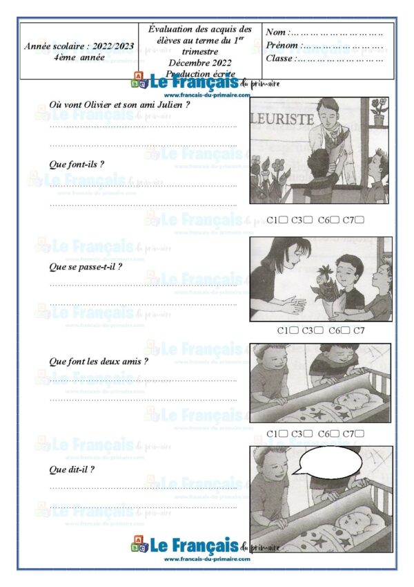 Examen production ecrite 4ème année premier trimestre (exemple 1) | Le ...