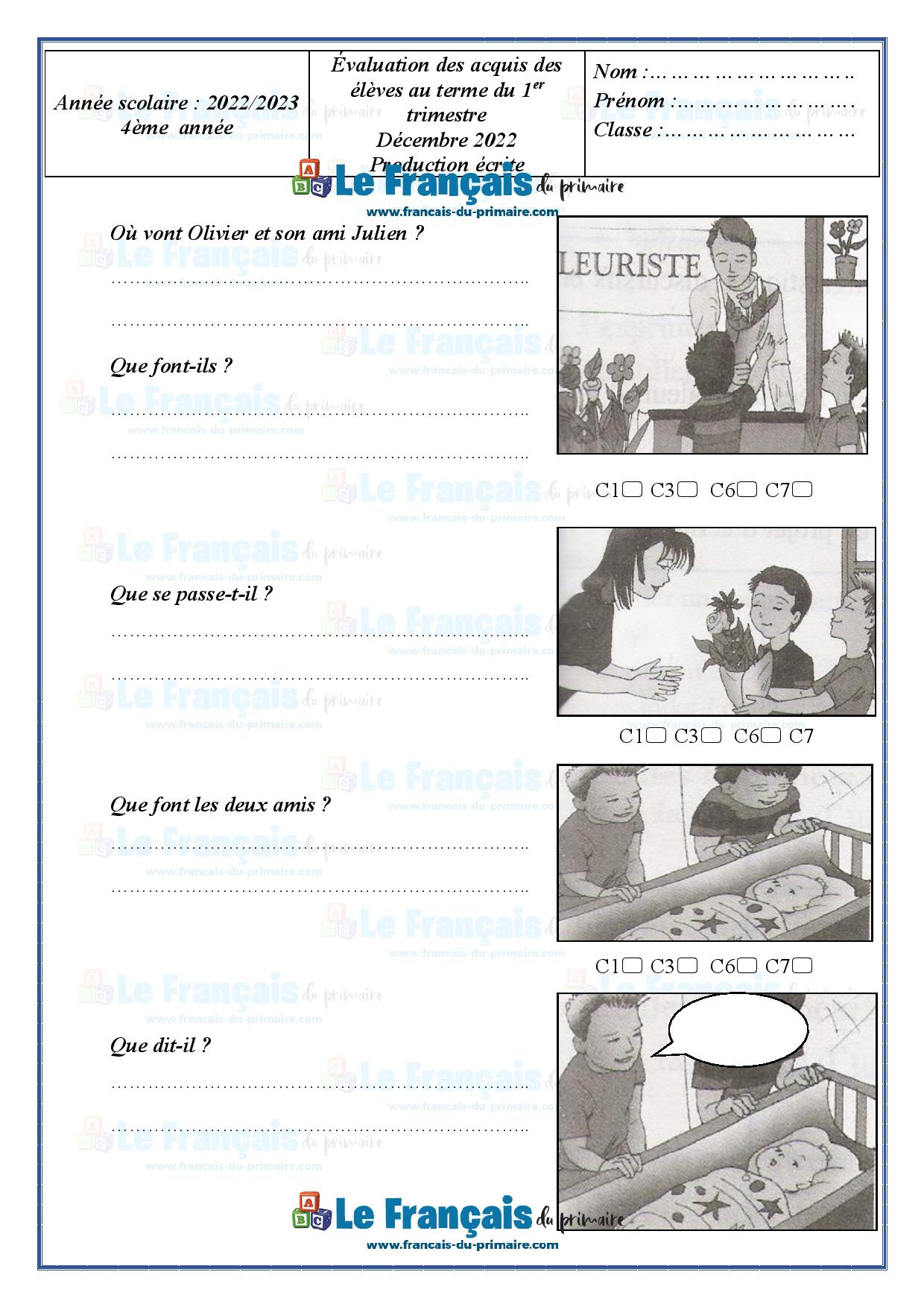 Examen production ecrite 4ème année premier trimestre (exemple 1) | Le ...