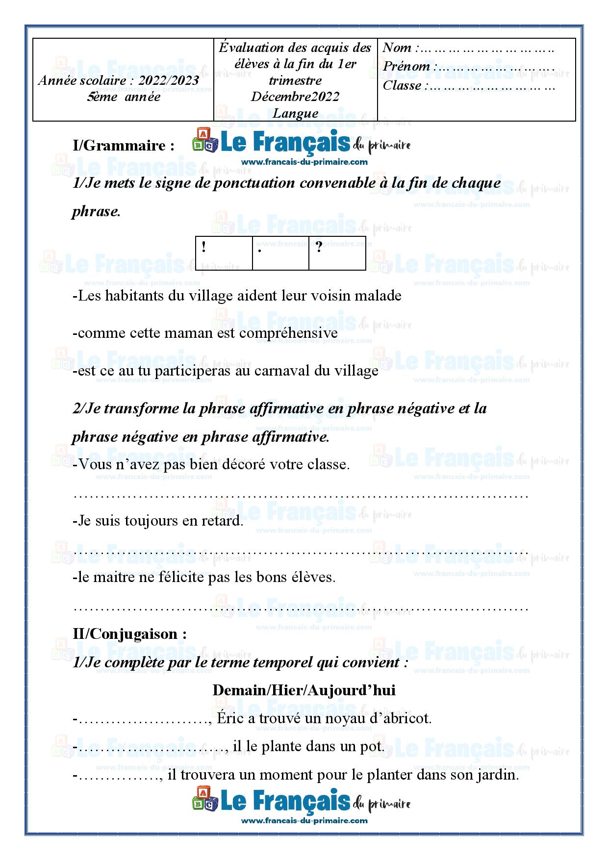 Examen langue 5ème année premier trimestre | Le français du primaire