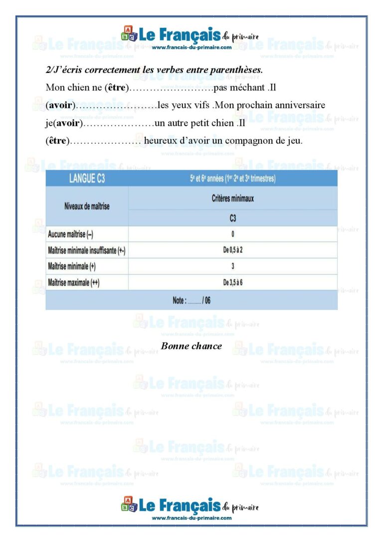 Examen langue 5ème année premier trimestre | Le français du primaire