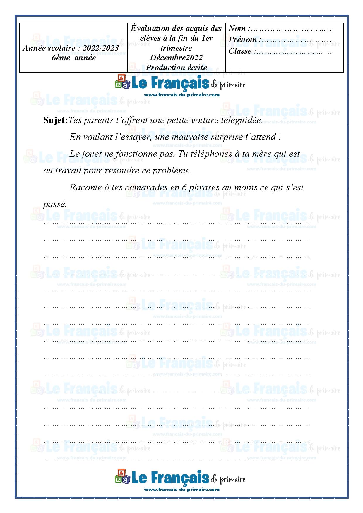 Examen production écrite 6ème année premier trimestre | Le français du ...