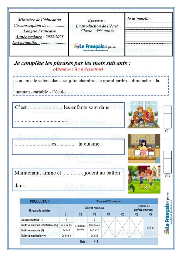 Examen production écrite 3ème année nouveau programme avec correction ...
