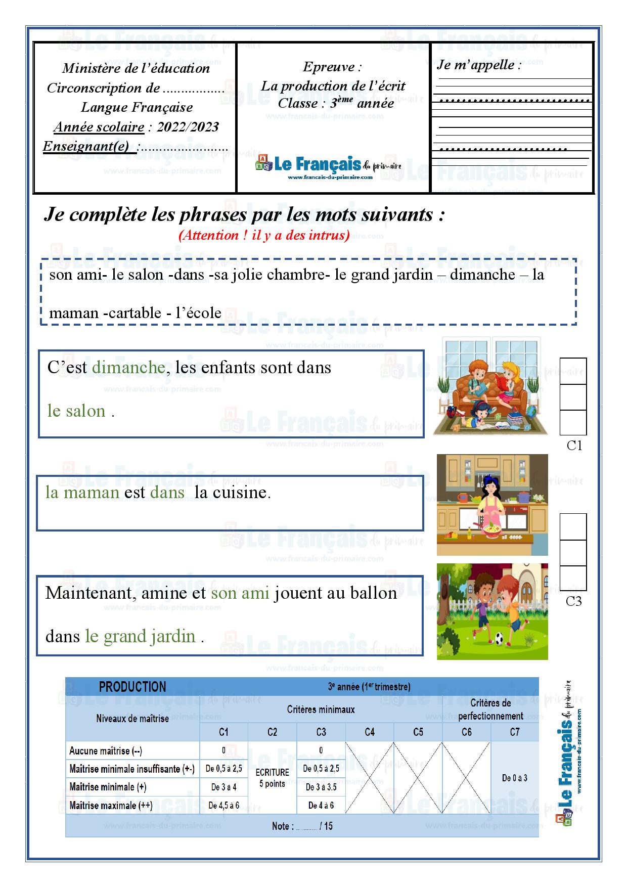 Examen production écrite 3ème année nouveau programme avec correction ...