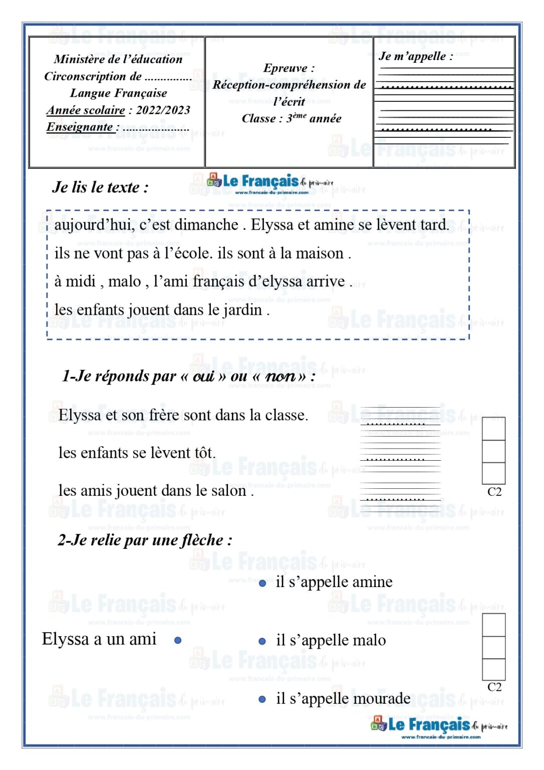 Examen "Lecture" 3ème année nouveau programme avec (correction) | Le ...