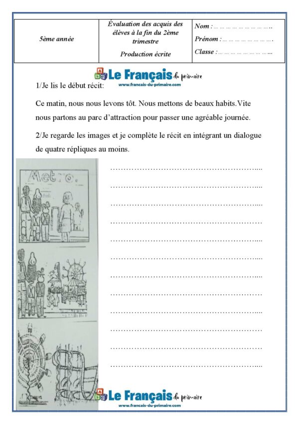 Examen Production écrite 5ème année /Trimestre 2 | Le français du primaire