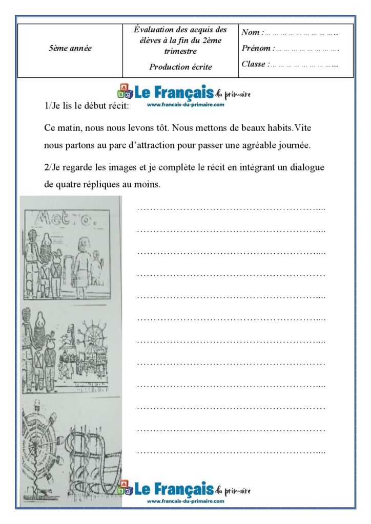 Examen Production écrite 5ème année /Trimestre 2 | Le français du primaire