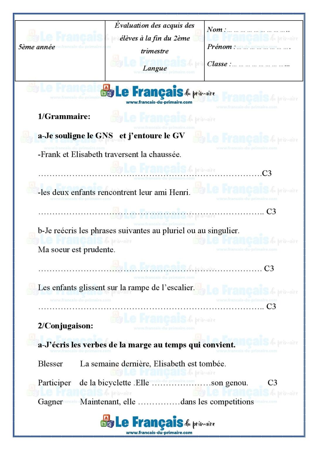 Examen langue 5ème année trimestre 2 | Le français du primaire