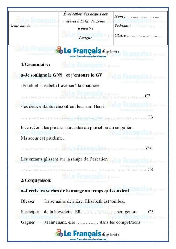 Examen langue 5ème année trimestre 2 | Le français du primaire